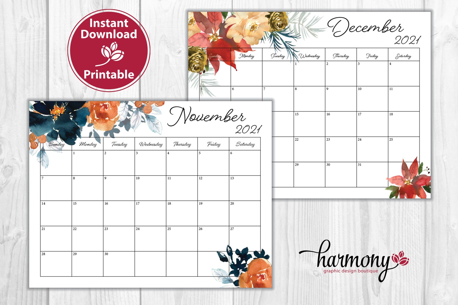 2021 Printable Monthly Calendar, 2021 Monthly Planner, Floral ...