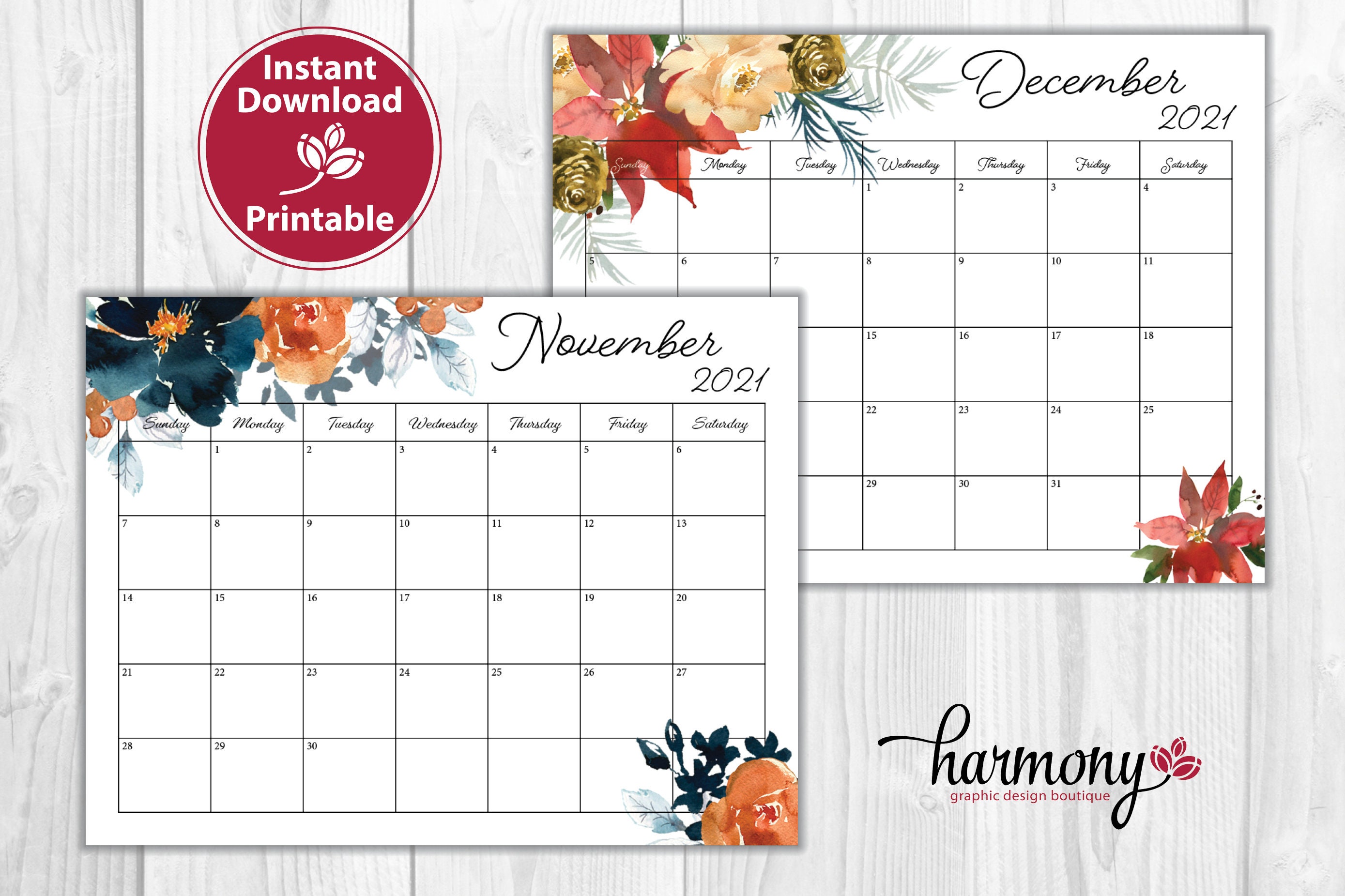 2021 Printable Monthly Calendar, 2021 Monthly Planner, Floral ...