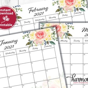 2021 Printable Monthly Calendar, 2021 Monthly Planner, Floral ...