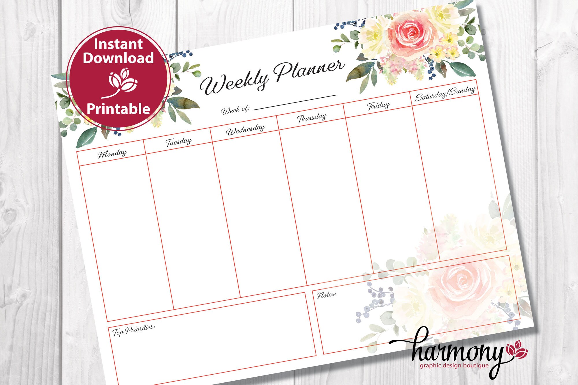 Printable Weekly Planner PDF in Three Sizes: Letter A4 and - Etsy