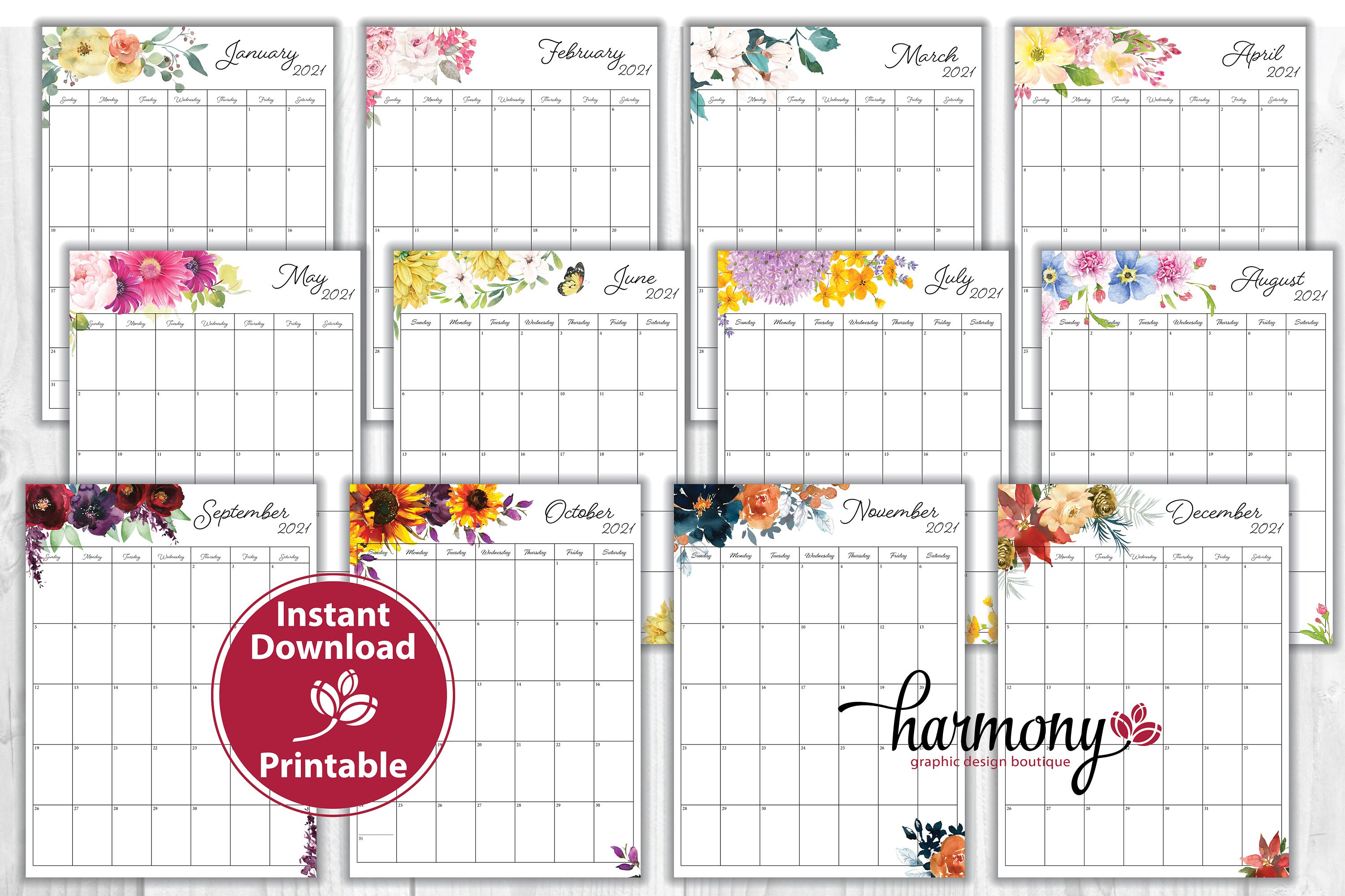 2021 Printable Monthly Calendar Vertical, 2021 Monthly Planner, Floral ...