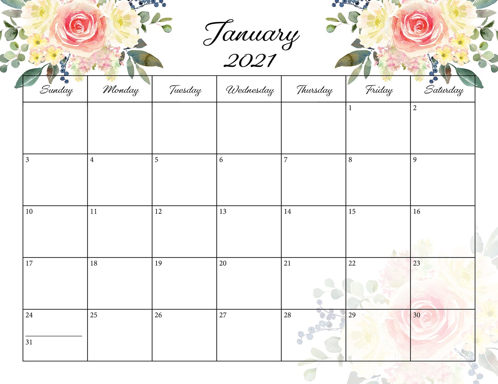 2021 Printable Monthly Calendar, 2021 Monthly Planner, Floral ...