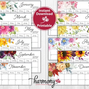 2021 Printable Monthly Calendar, 2021 Monthly Planner, Floral ...