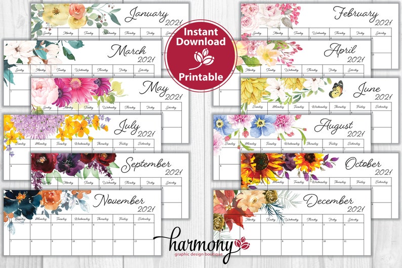 2021 Printable Monthly Calendar, 2021 Monthly Planner, Floral ...