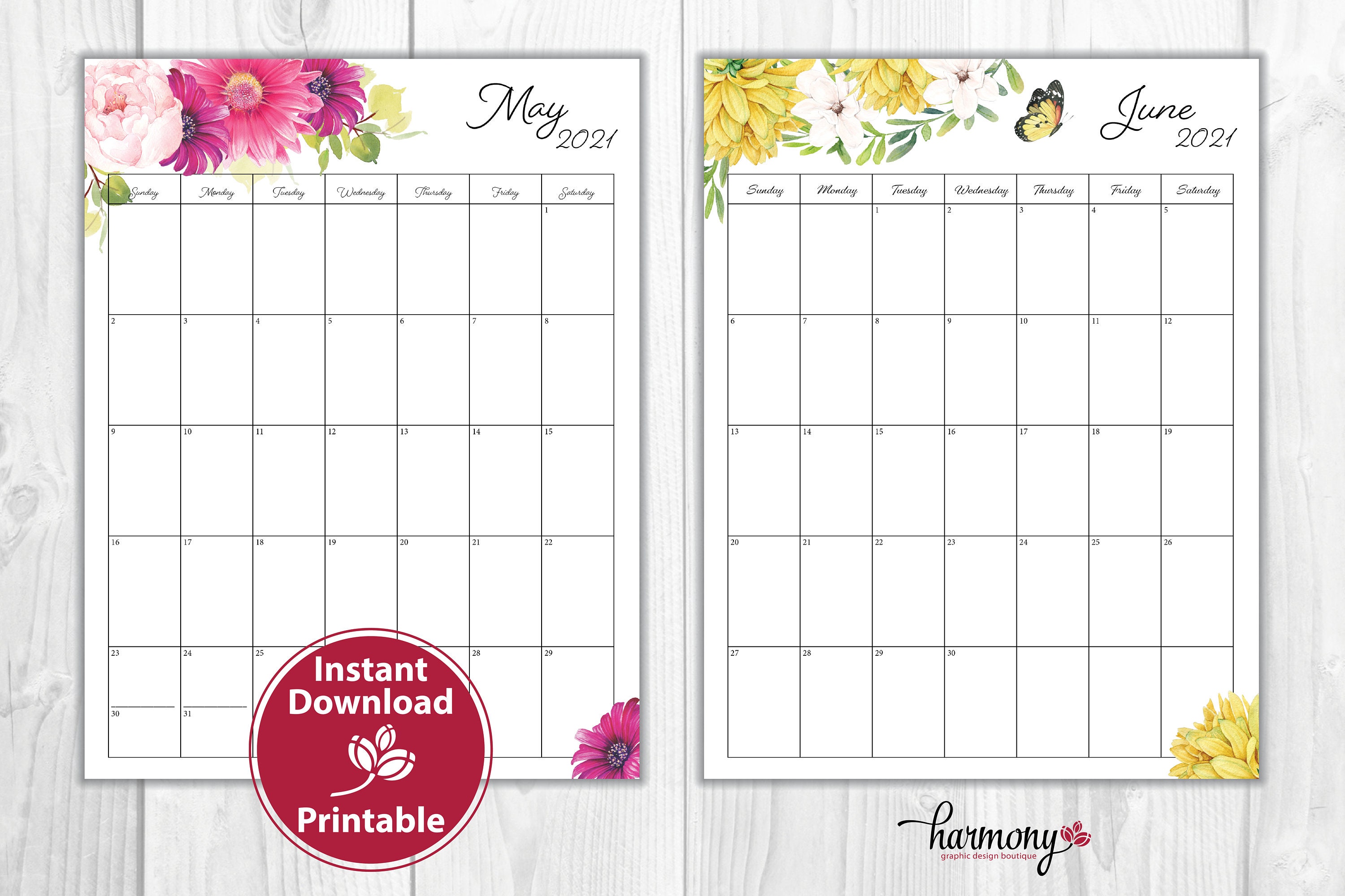 2021 Printable Monthly Calendar Vertical, 2021 Monthly Planner, Floral ...
