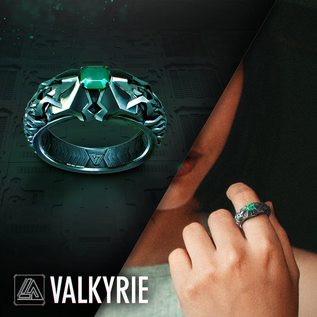 VALKYRIE RING, Silver Sterling, Emerald, Cyberpunk, Futuristic ,sci-fi ...
