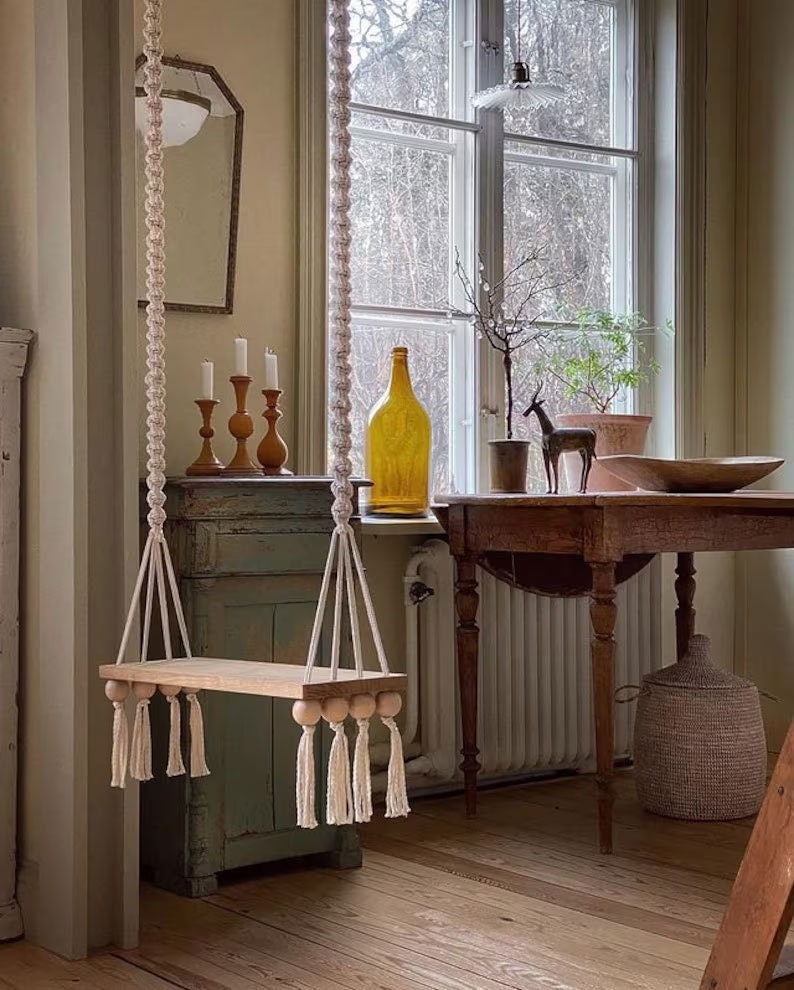 Beautiful Macrame Wooden Swing, Indoor Outdoor Swing, Macrame Kids ...
