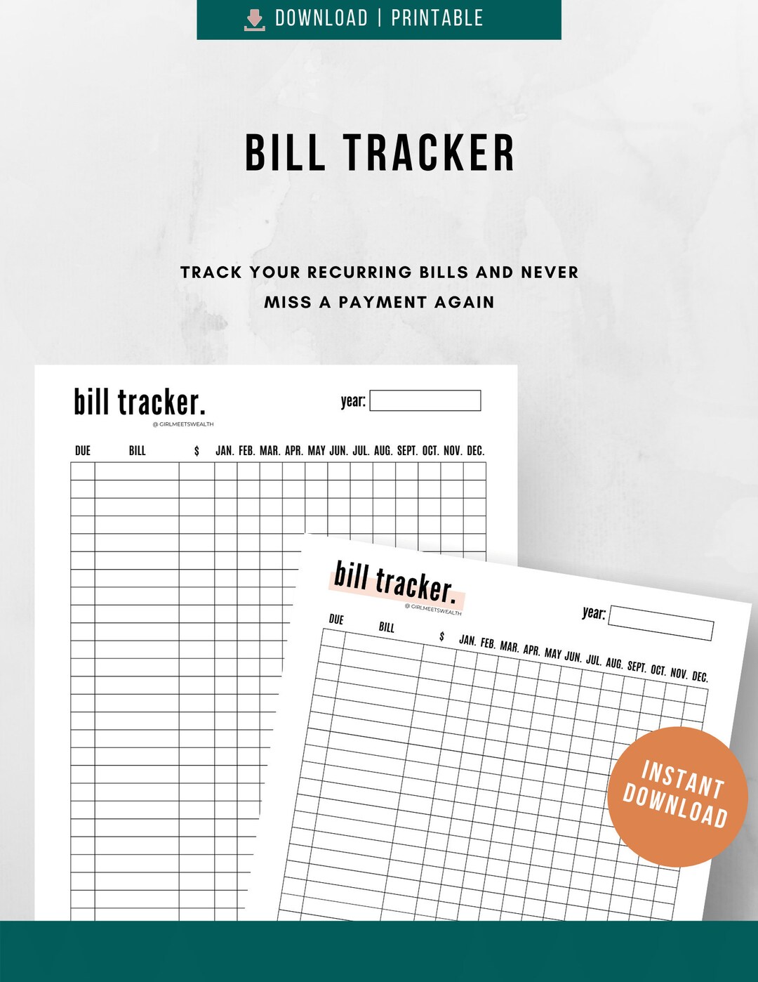 Easytouse Bill Tracker Printable, 5 Colors Bill Organizer Template, 12 ...