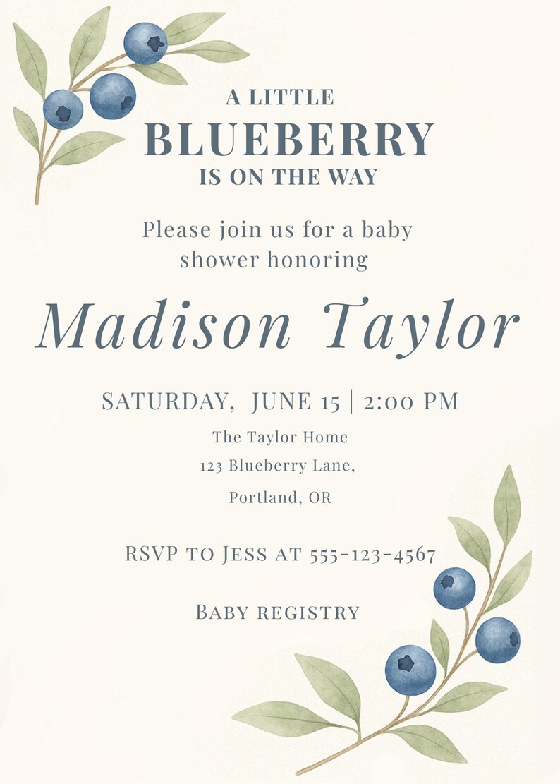 Blueberry Baby Shower Invitation | Digital Download Editable Template ...