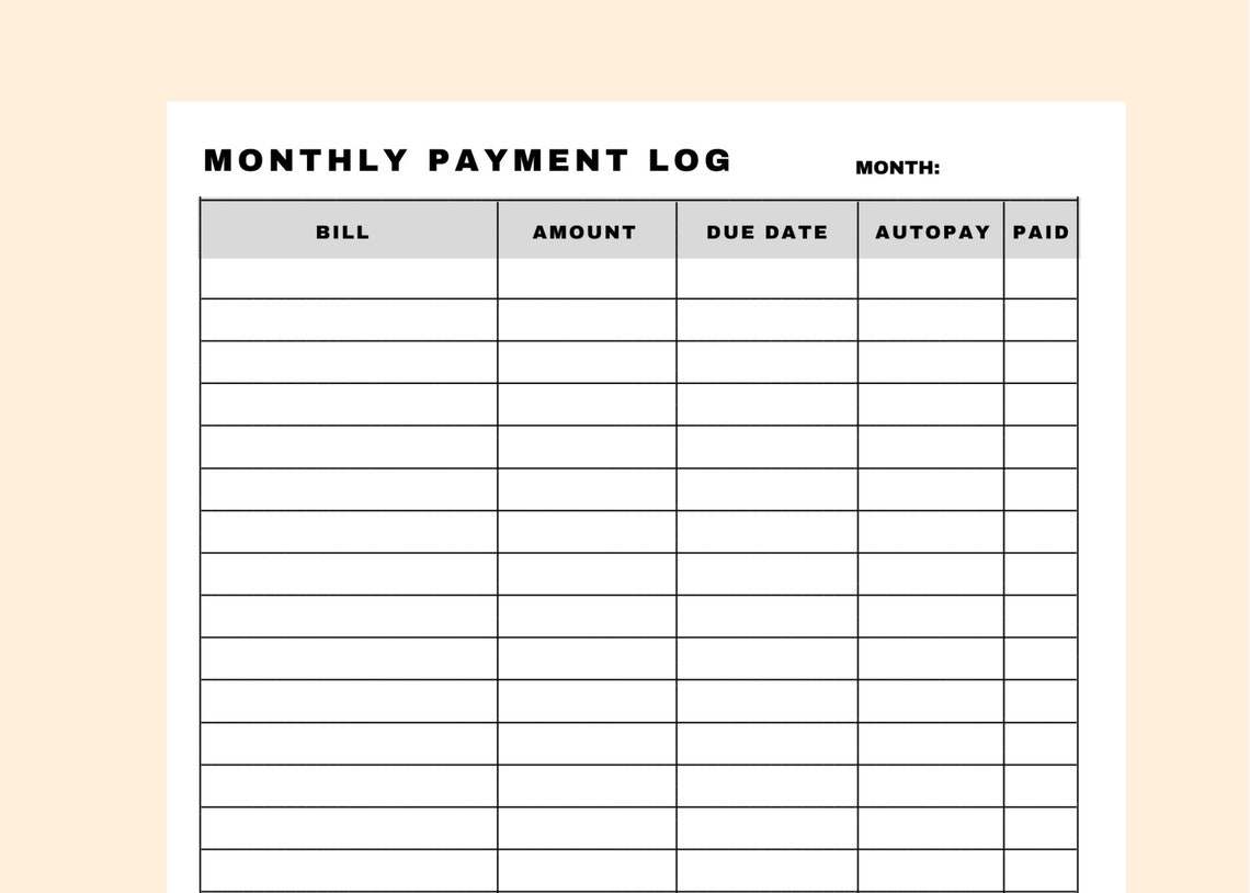 Monthly Payment Log Bill Payment Log US Letter | Etsy