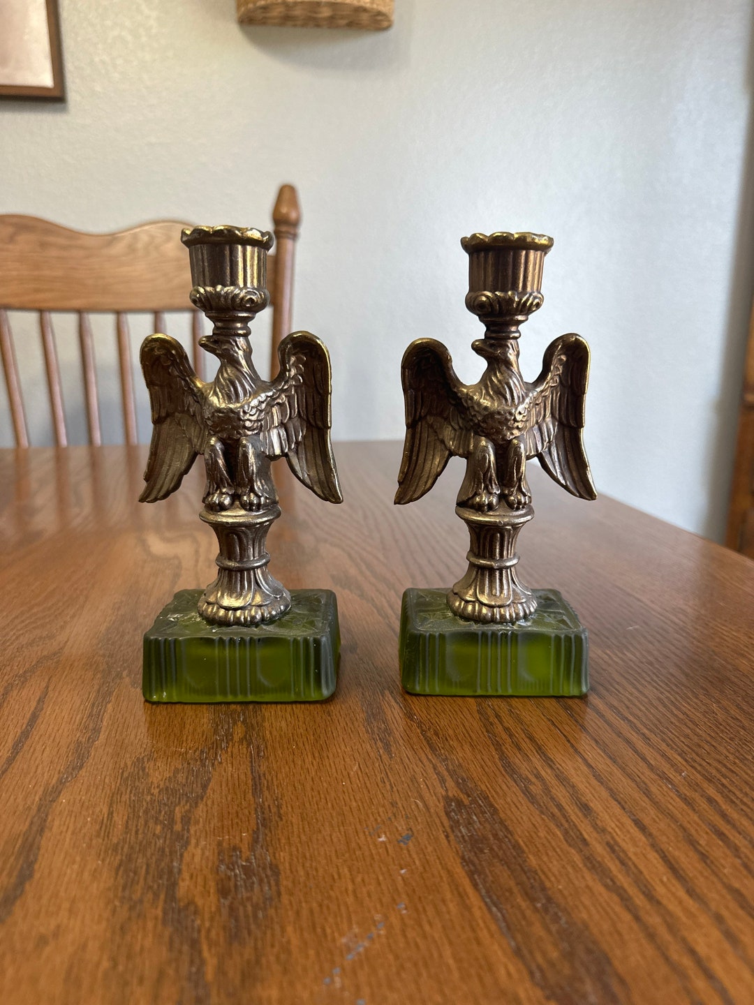 Vintage Gold Metal Eagle Frosted Glass Candlestick Holders. Pair of ...