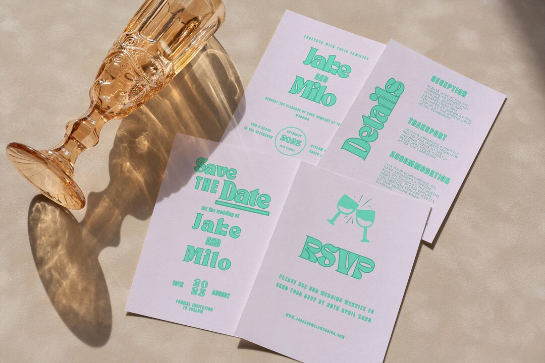 MILO Wedding Invitation Template Set Trendy Retro Boho Lilac Green ...
