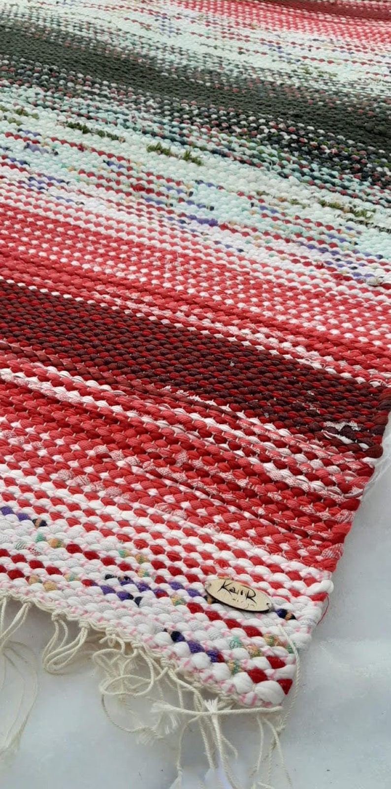 Green Red White Rag Rug. Handmade on Loom. Scandinavian - Etsy