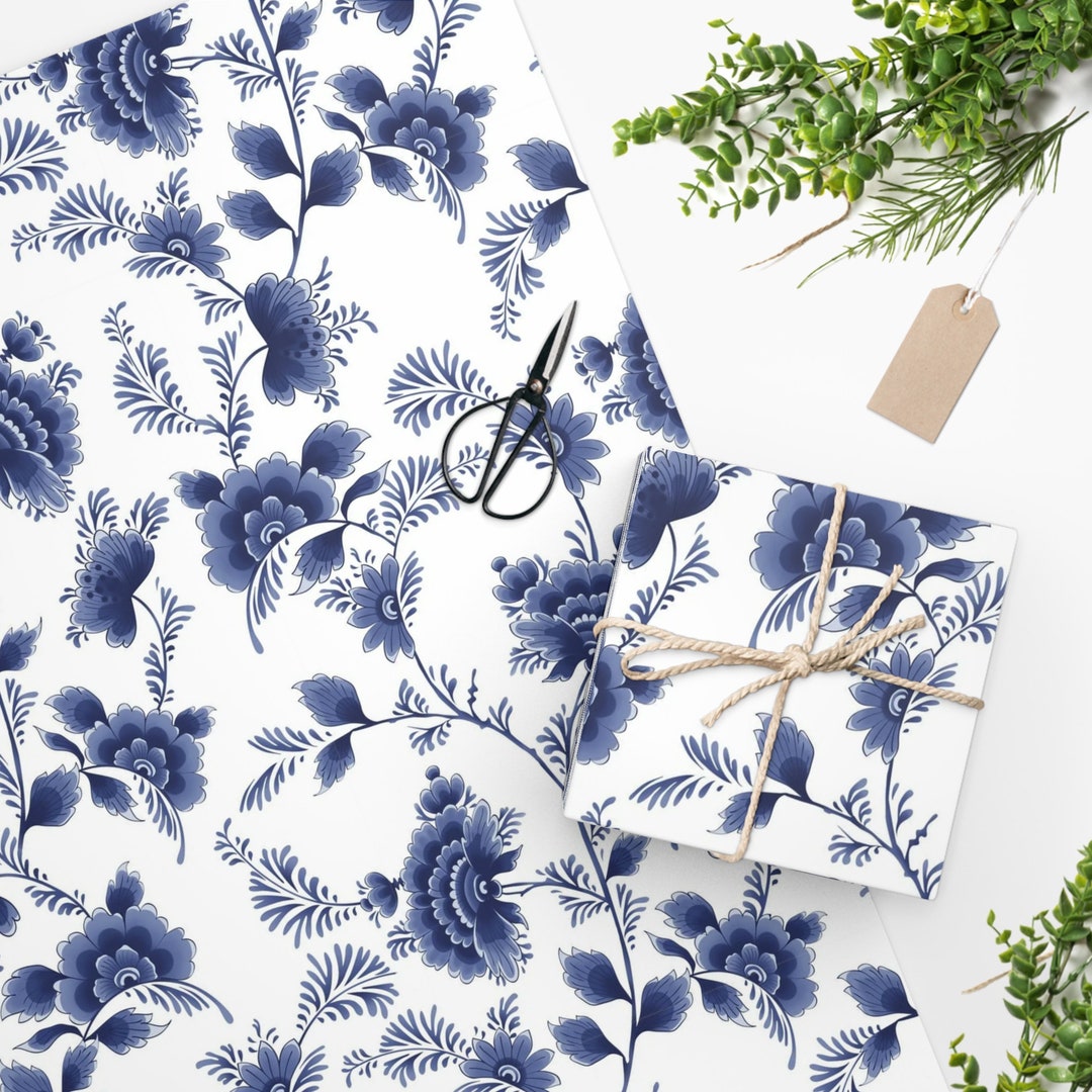Navy Blue & White Chinoiserie Wrapping Paper Floral Wrapping Paper Gift ...