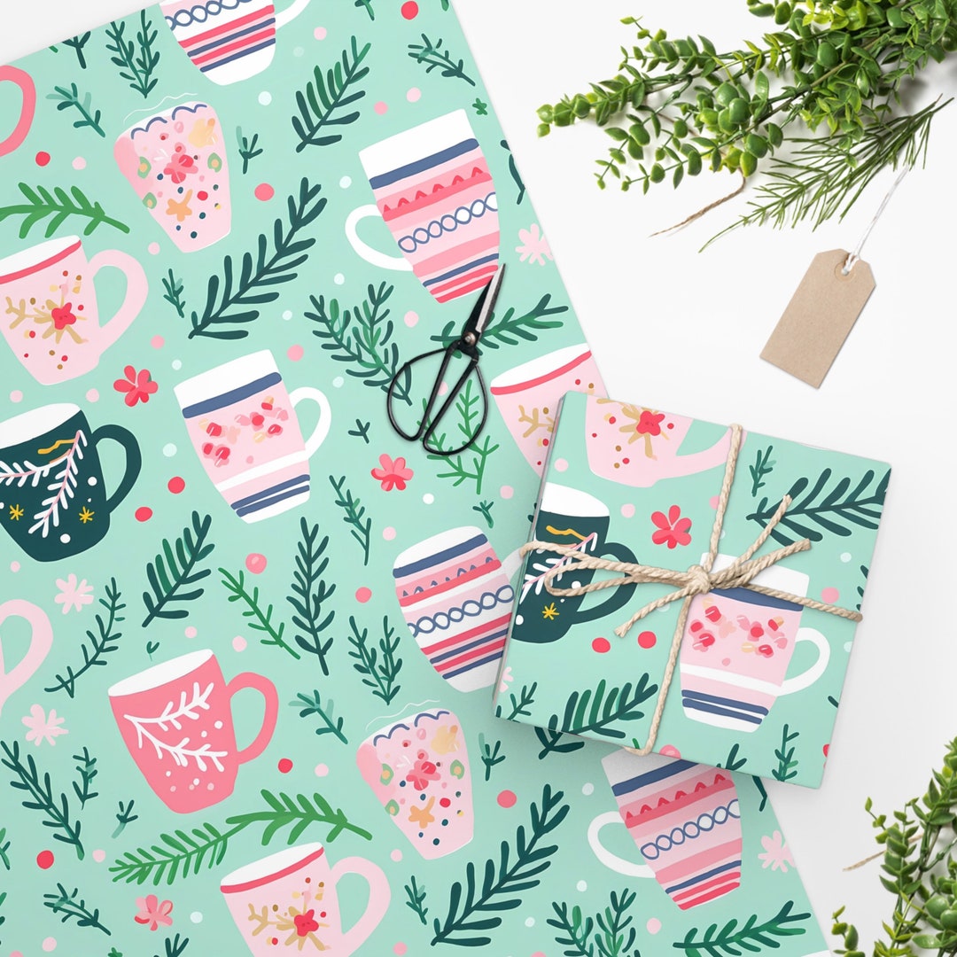 Preppy Christmas Mugs Wrapping Paper Roll, Bright Pink Holiday ...