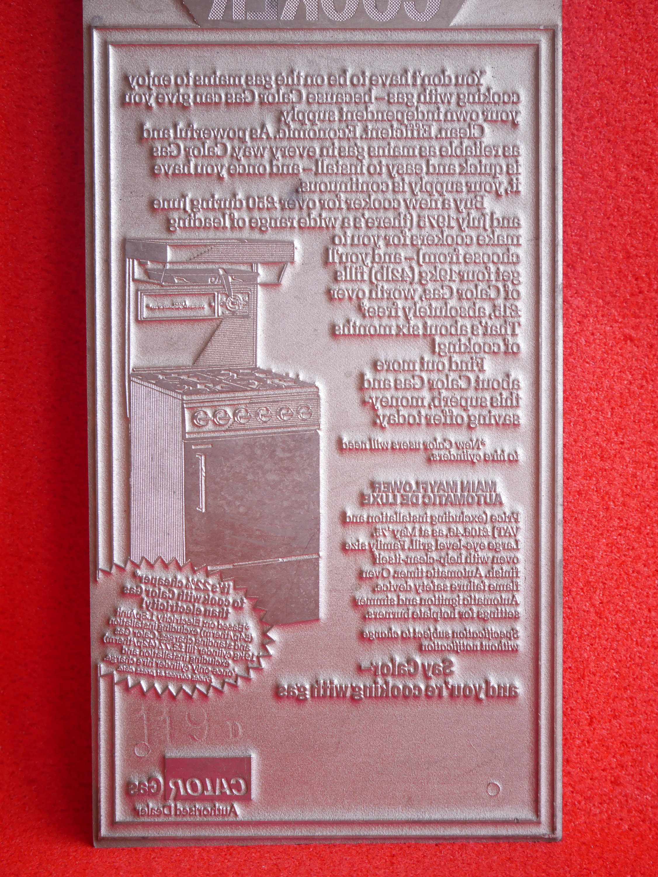 Vintage 60s 70s 80s Stereotype Printing Plate Used for Calor Gas Cooker ...