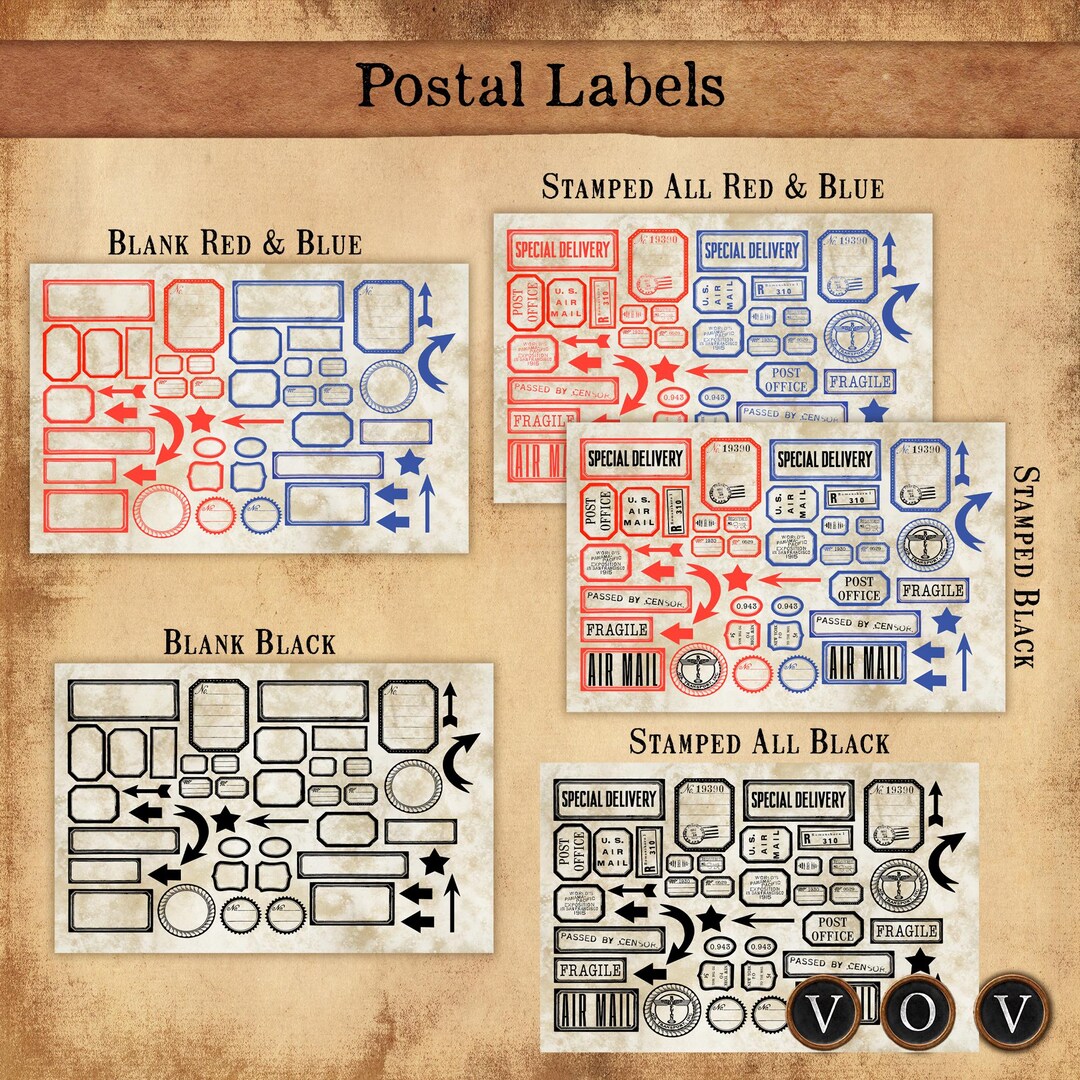 Postal Labels, Red Ble & Black Postage Labels Png, Blank and Stamped ...