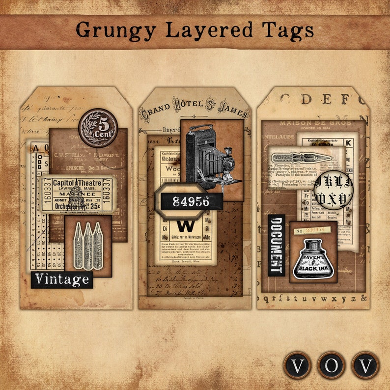 Grungy Layered Tags, Vintage Tags, Tag Set, Set of 6 Vintage Grunge ...