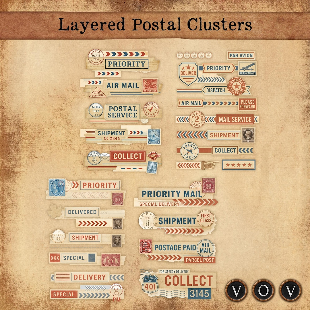 Layered Postal Clusters Kit – Printable Mail Ephemera Strips for Junk ...