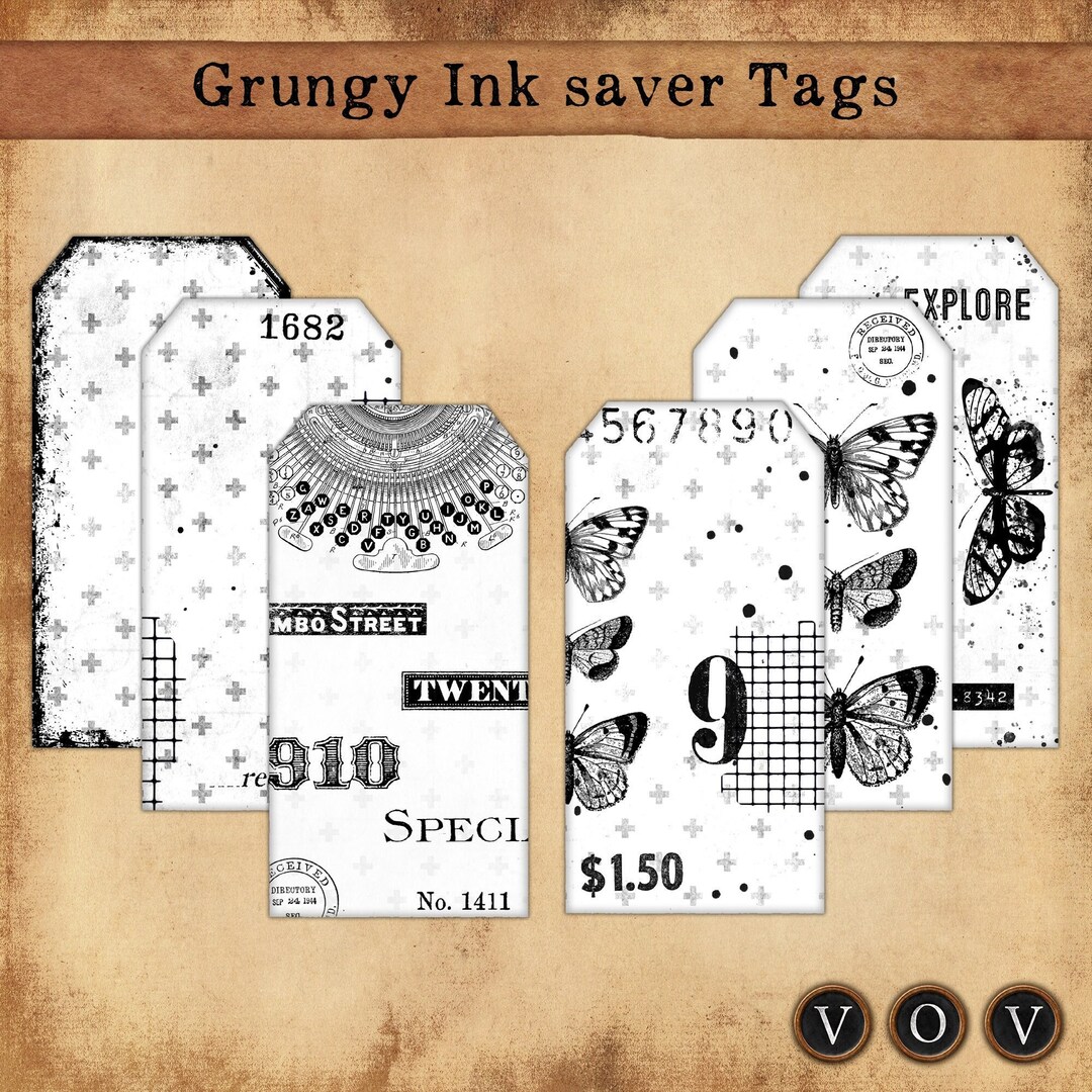 Grungy Ink Saver Tags, Vintage Tags, Tag Set, Set of 6 Vintage Grunge ...
