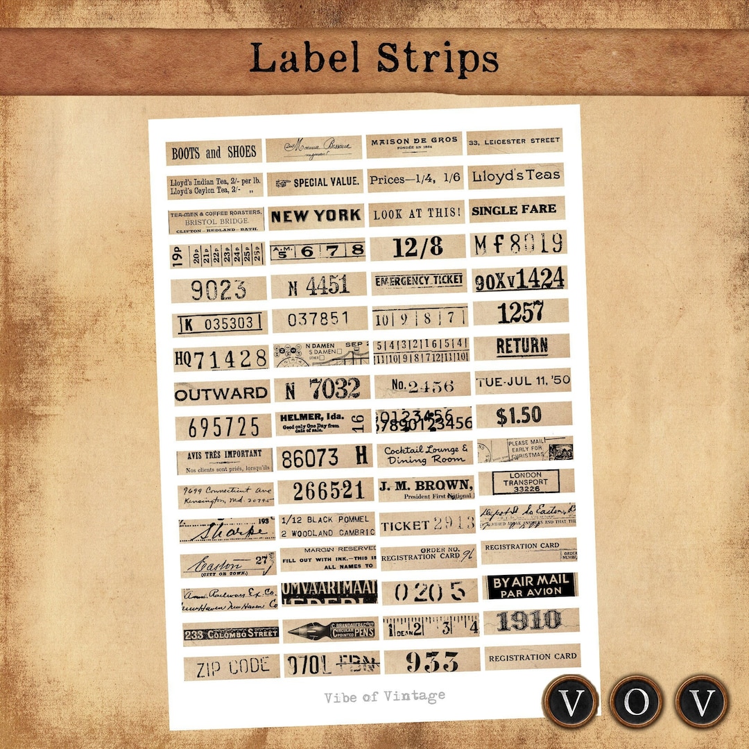 Label Strips, Vintage Labels for Junk Journaling, Number Labels, Word ...
