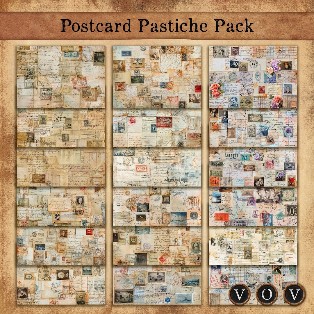 Postcard Pastiche Paper Pack, Printable Stamped Papers, Junk Journaling ...