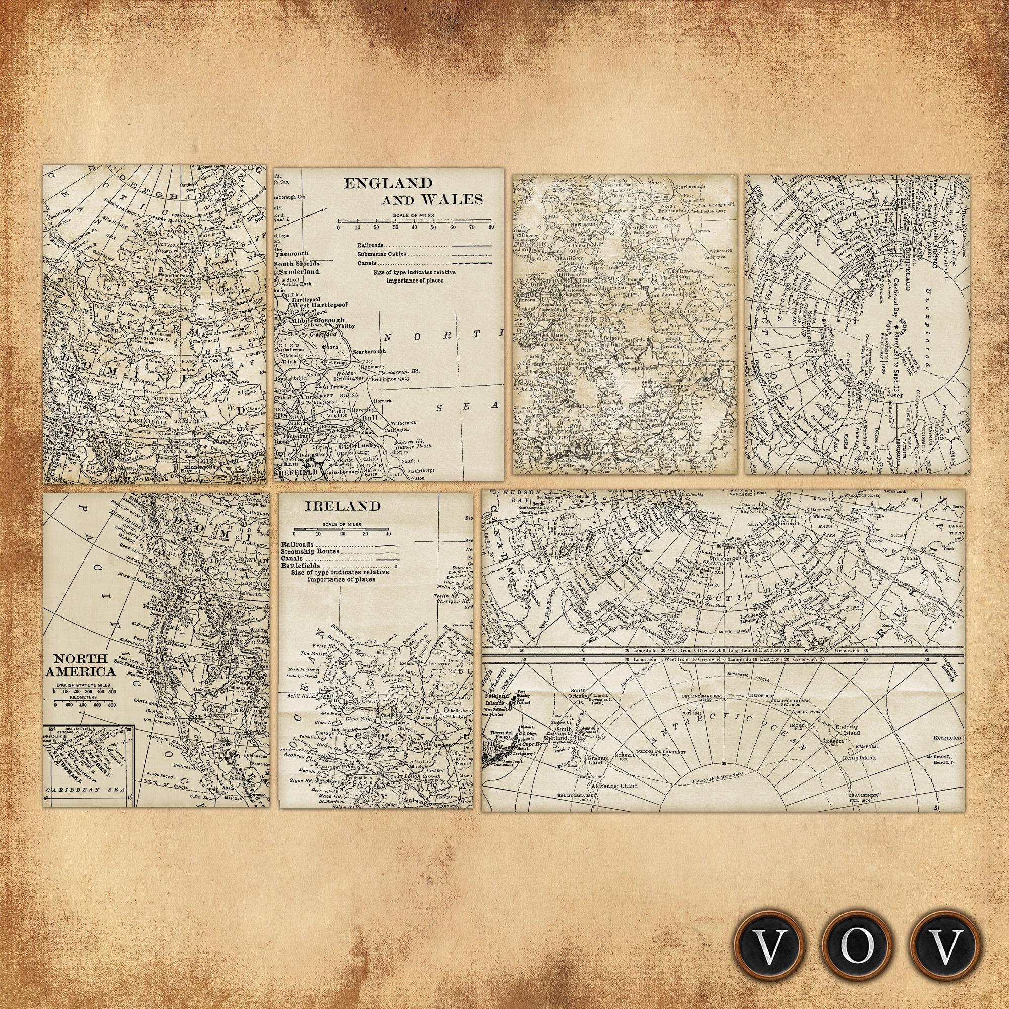 Vintage Map Journal Kit: Printable Ephemera Cards & Frames (digital ...
