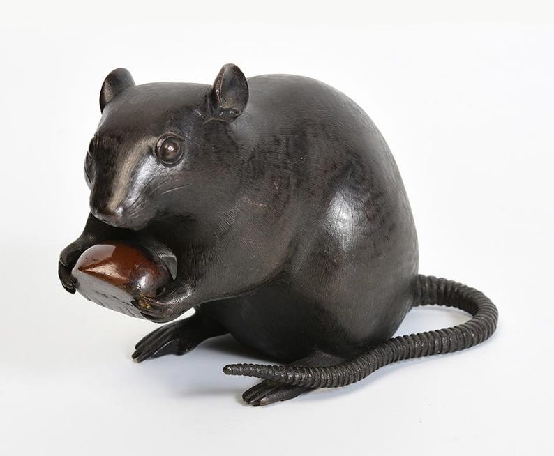 19th Century, Meiji, Antique Japanese Bronze Animal Rat / Mouse Holding ...