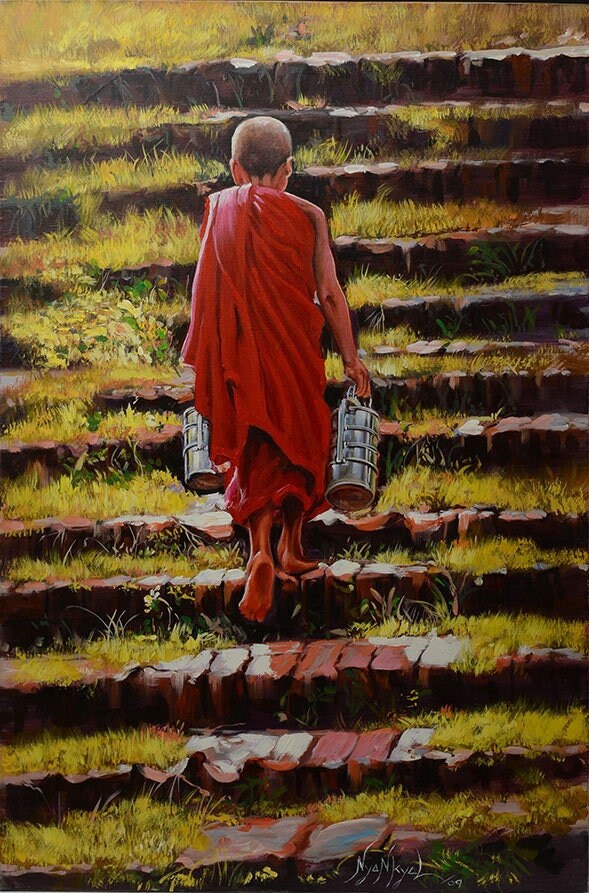 Burmese Oil Painting of A Monk Walking up A Stair - Etsy