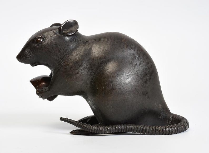 19th Century, Meiji, Antique Japanese Bronze Animal Rat / Mouse Holding ...