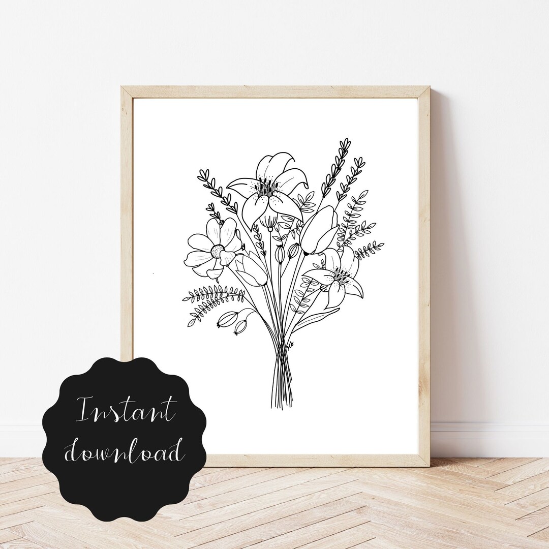 Digital Art Print Black and White Floral Bouquet Instant - Etsy
