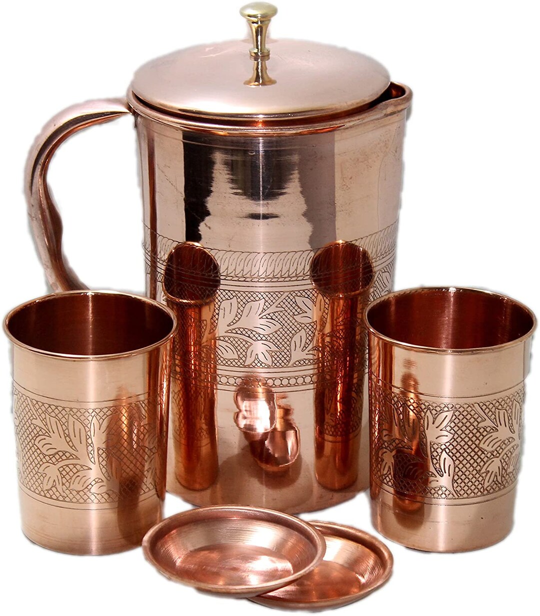 Copper Jug Set Water Pot Emboss Smooth Plain Hammered Jug Set 100% ...