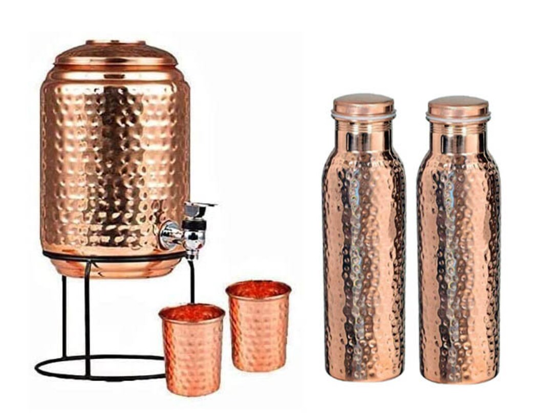 Pot Vessel Matka Drinkware Set 5 Litre Hammered Copper Water Dispenser ...