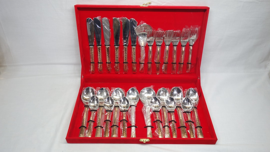 Indian Handmade Authentic Steel Copper Hammered 27 Pieces Cutlery Set ...