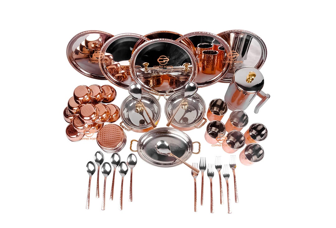 Stainless Steel Copper Dinner Thali Set, 49 Pieces Full Family Dinner ...