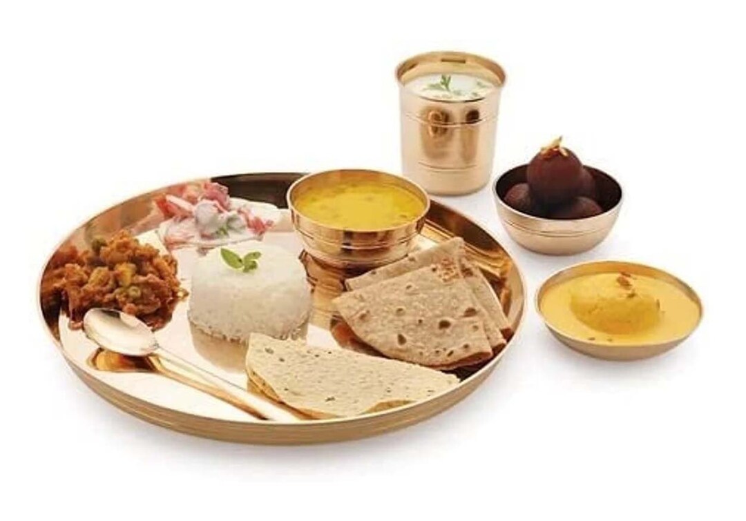 Dinner Thali Set 6 Pcs, Gold Kansya Katori Bowl Plate Utensil ...