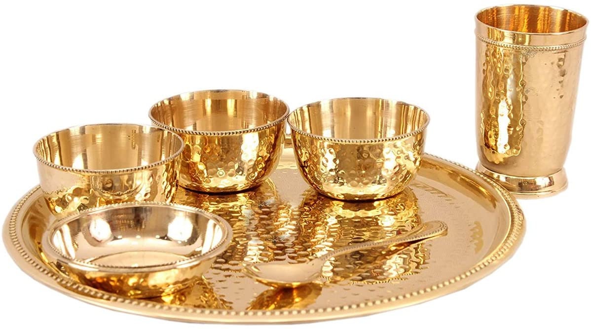 Hammered Brass Thali Set of 7 Pcs Including 3 Bowls 1 Glass 1 - Etsy