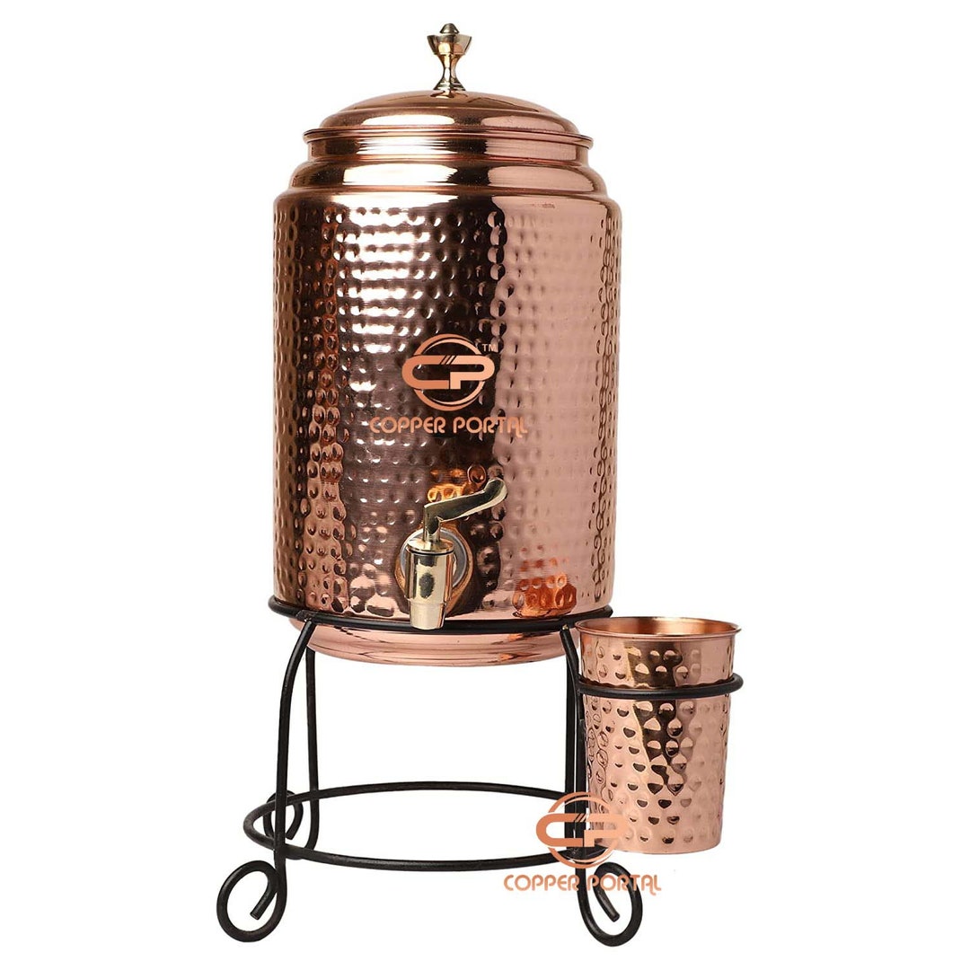 Copper Water Dispenser With Stand, Glass Matka Tank Pot Hammered ...