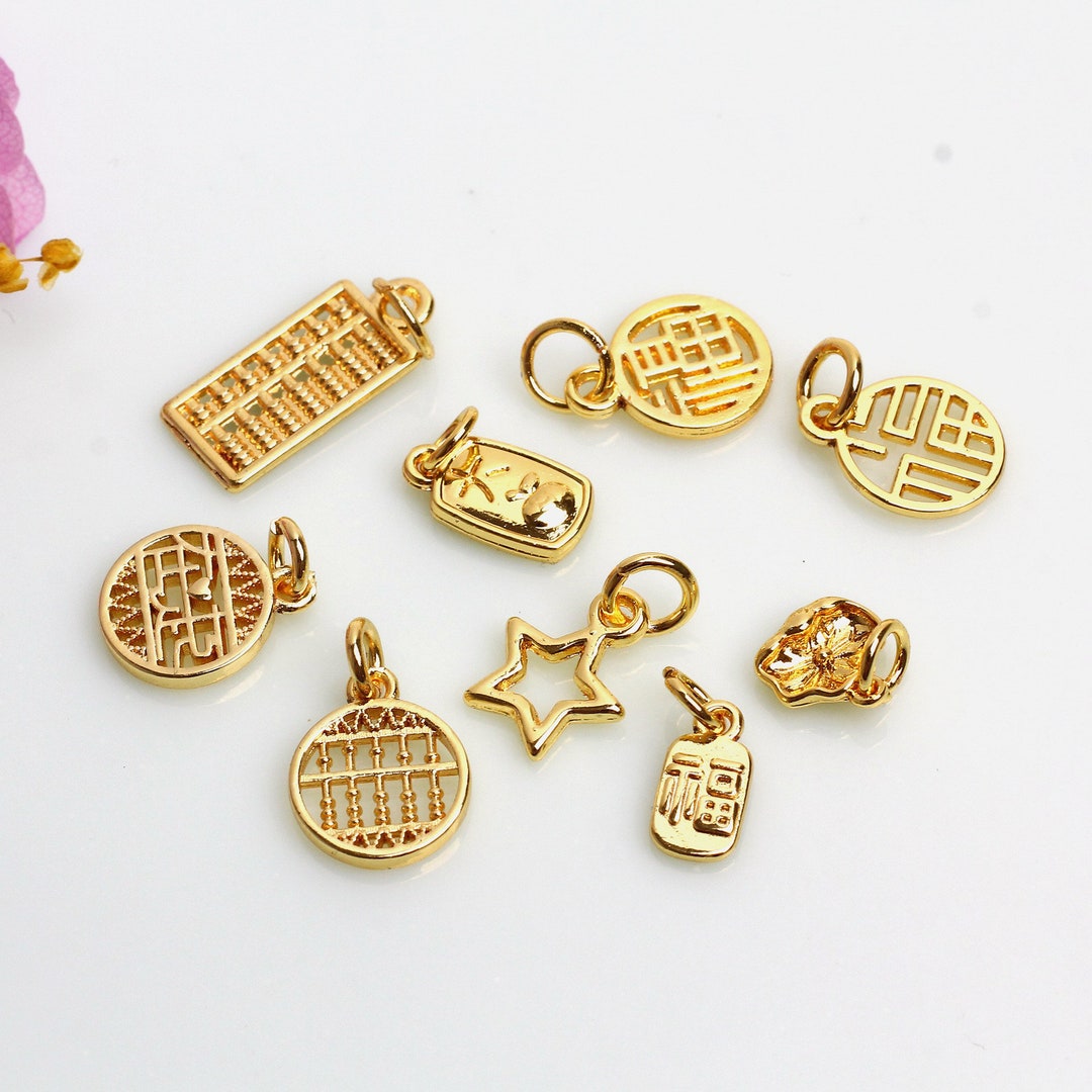 10 Pcs 14K Gold Filled Fu Coin Charm, Abacus Cloud Key Star Tiny ...
