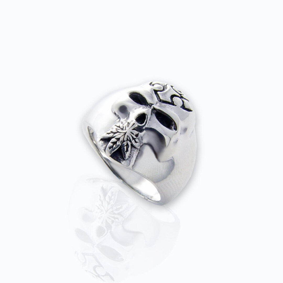 Marijuana Gothic Skull Rings, 19mm SOLID 925 Sterling Silver Black Weed ...