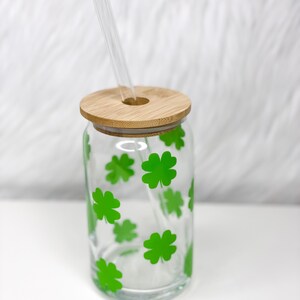 GLASS CAN CLOVER 4 Leaf Clover St. Patrick’s Day Cup Green 16oz Bamboo ...