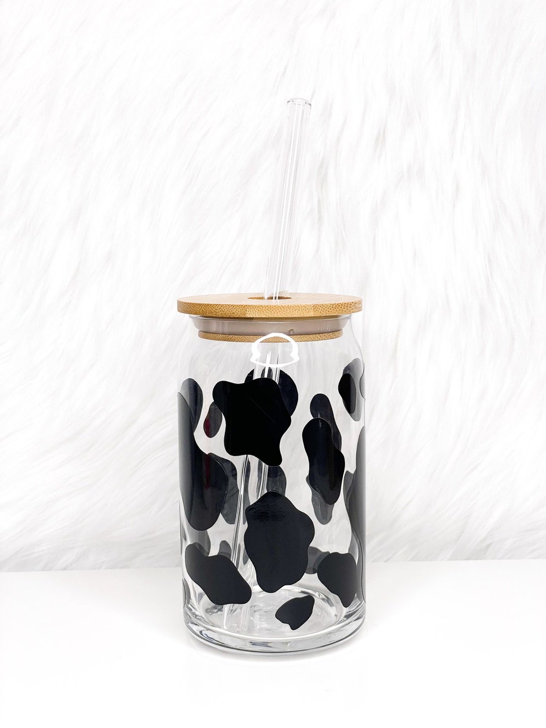 GLASS CAN COW Print Black and White Cow Lover Obsessed 16oz Bamboo Lid ...