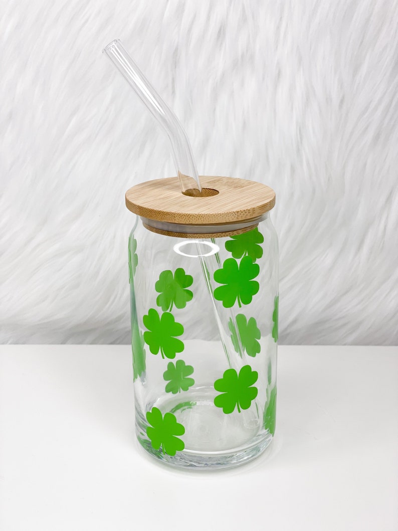 GLASS CAN CLOVER 4 Leaf Clover St. Patrick’s Day Cup Green 16oz Bamboo ...