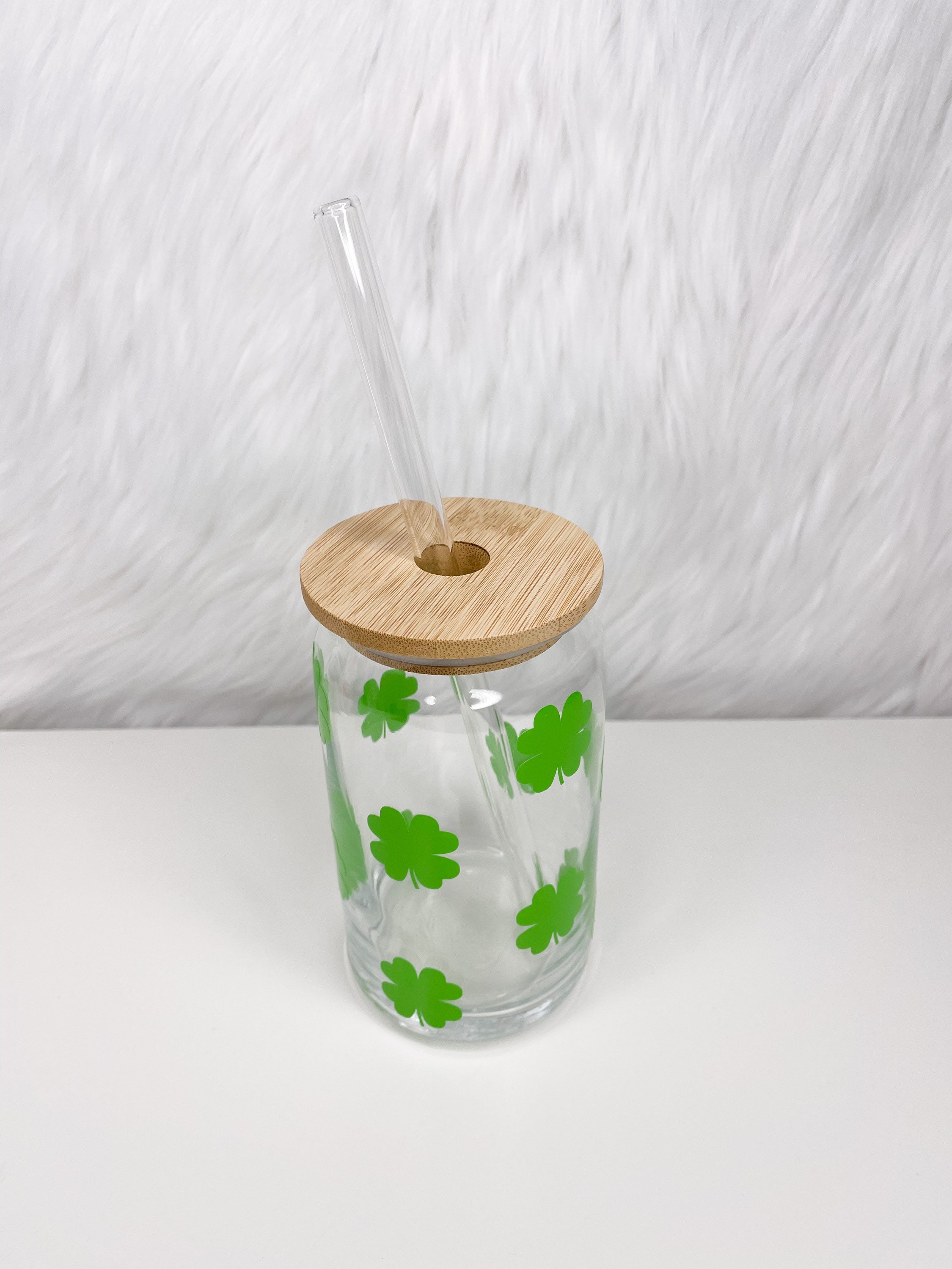 GLASS CAN CLOVER 4 Leaf Clover St. Patrick’s Day Cup Green 16oz Bamboo ...