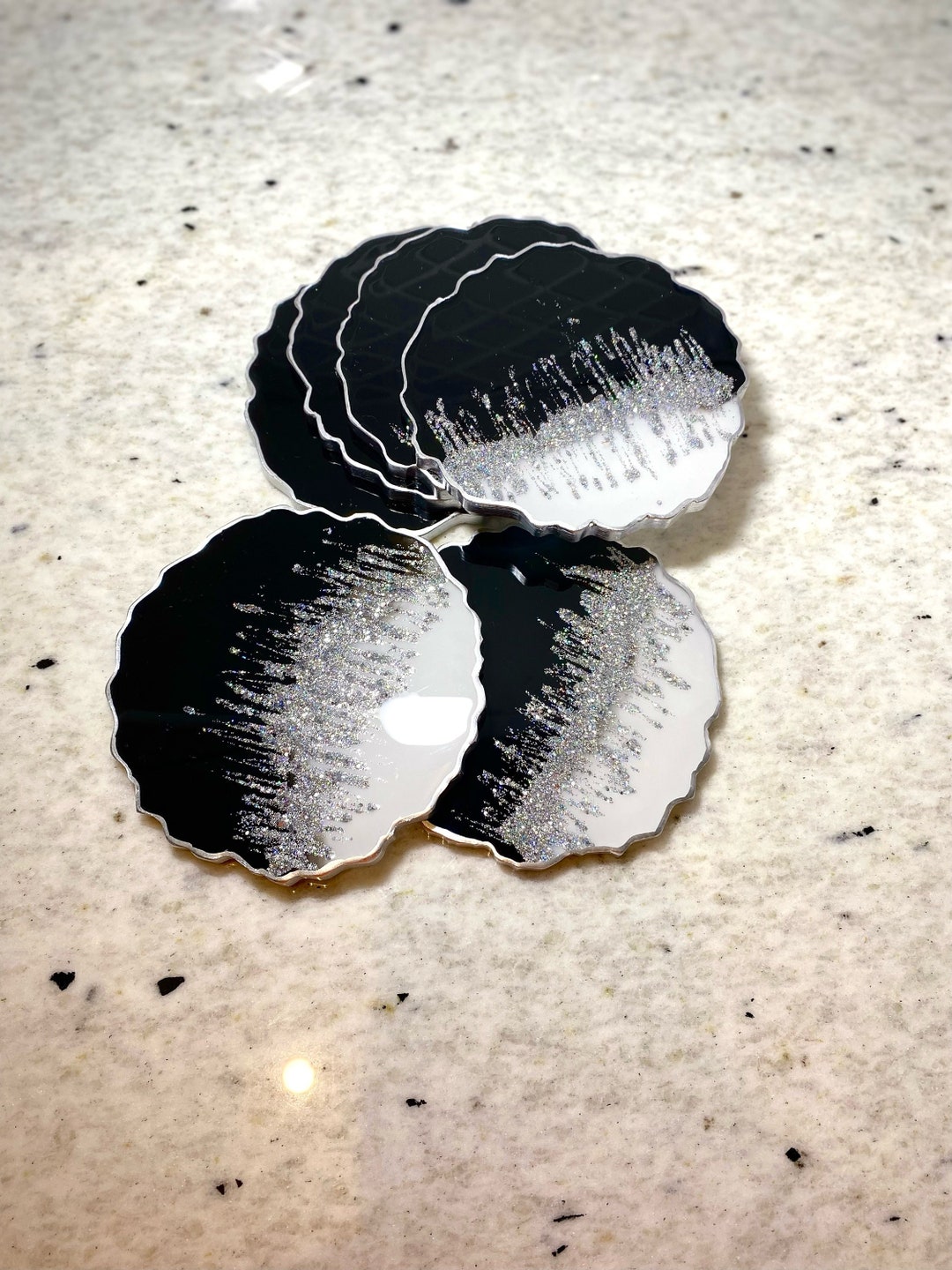Black White and Silver Geode Agate Irregular Edge Handmade Resin ...
