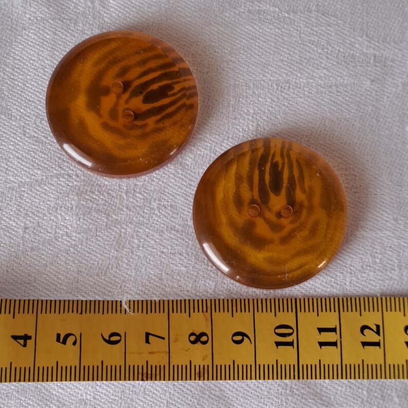 2 Large Vintage Lucite Buttons. Amber Coloured Reverse Painted. Tiger ...