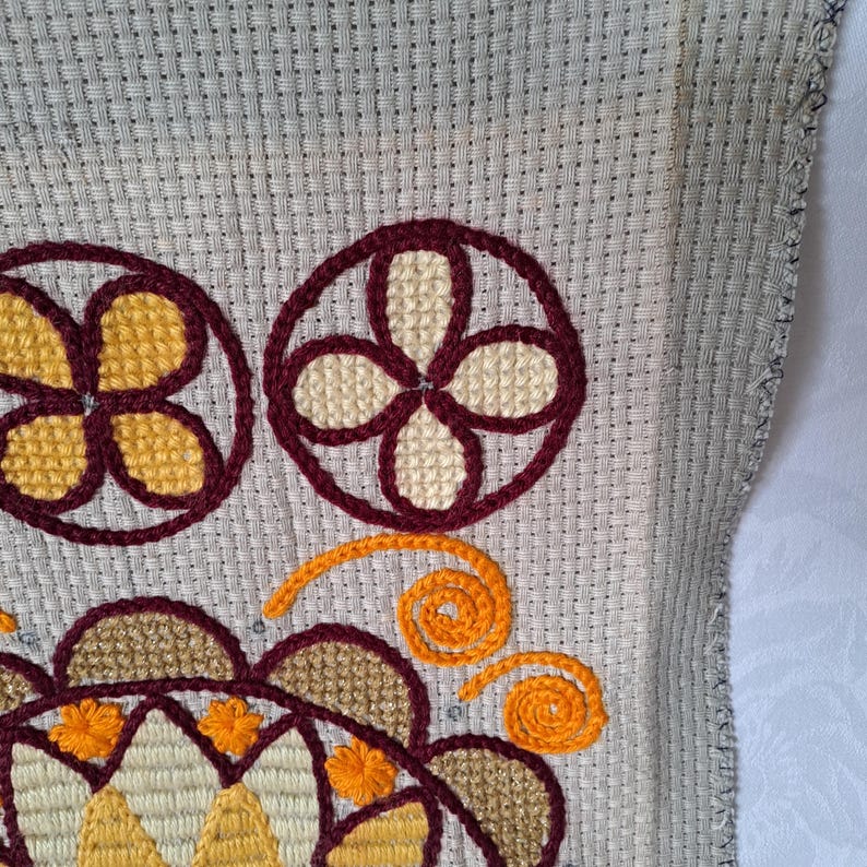 1970's Embroidery Piece for DIY. Cool Hand Made Embroidery. Yellow, Red ...