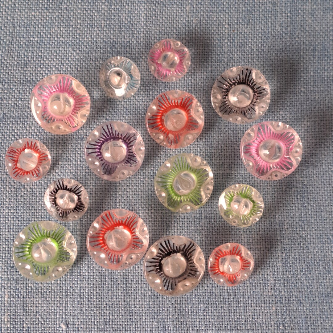 15 Painted-back Clear Glass Buttons. 2 Sizes. Moulded Self Shanks ...