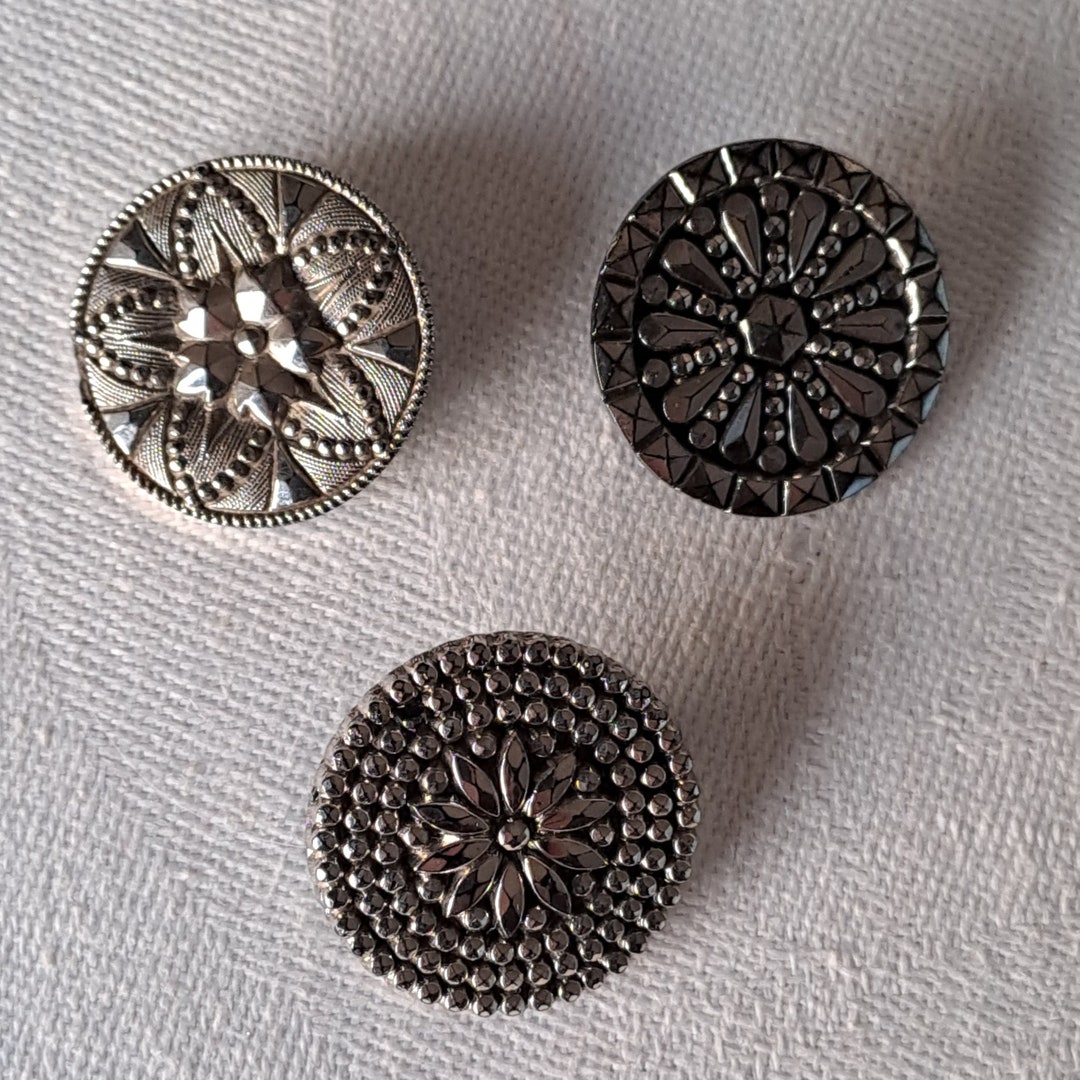3 Antique Black Glass Buttons With Silver Lustre. 1 With 4 Way Box ...