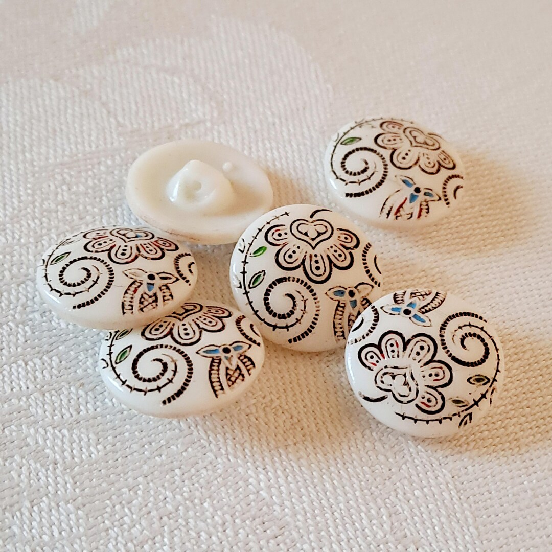 Set of 6 Painted Glass Buttons. White Opaque Buttons With Flower ...